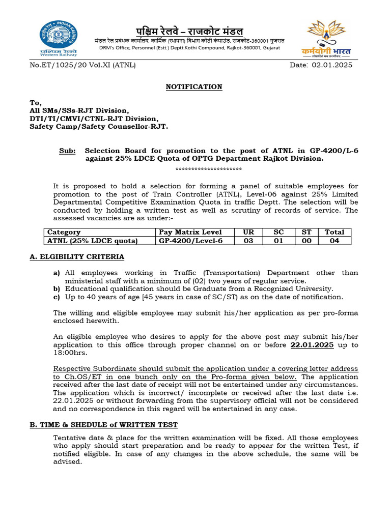 ATNL Promotion Notification for Railway Staff | PDF