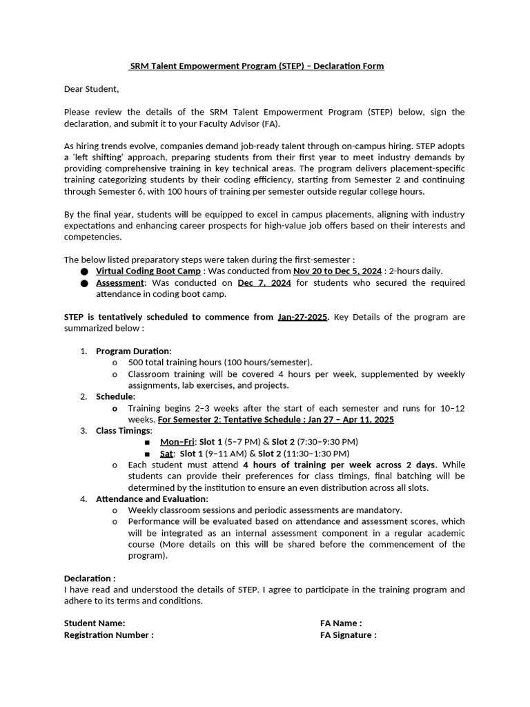 SRM STEP Declaration Form for Students | PDF
