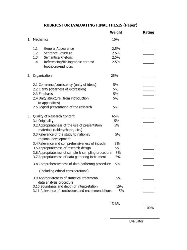 RUBRICS FOR EVALUATING FINAL THESIS Manuscript Final Oral Defense | PDF | Data | Thesis