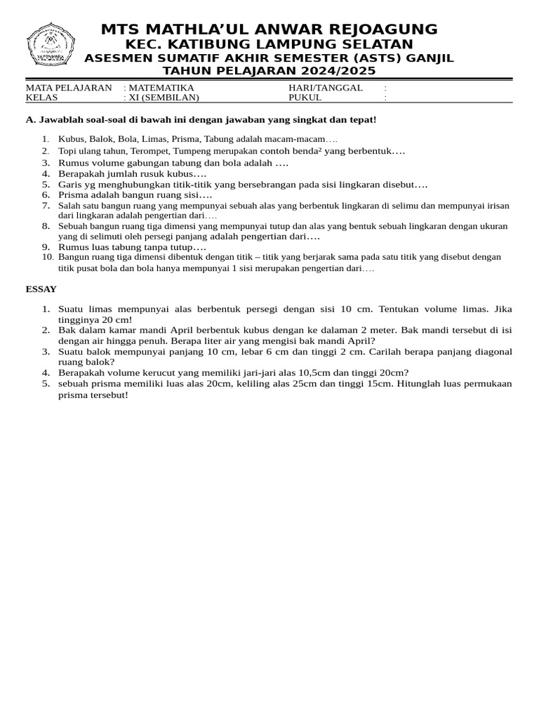 Asts Ganjil MTK Kelas 9 | PDF