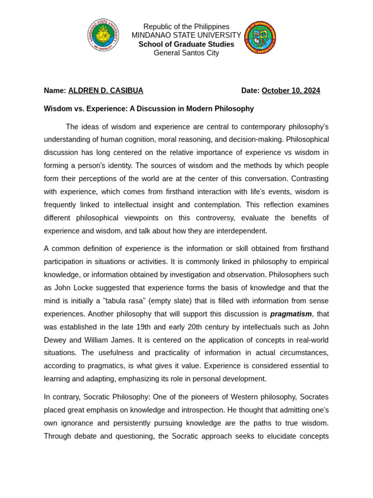 Wisdom vs. Experience: A Discussion in Modern Philosophy | PDF ...
