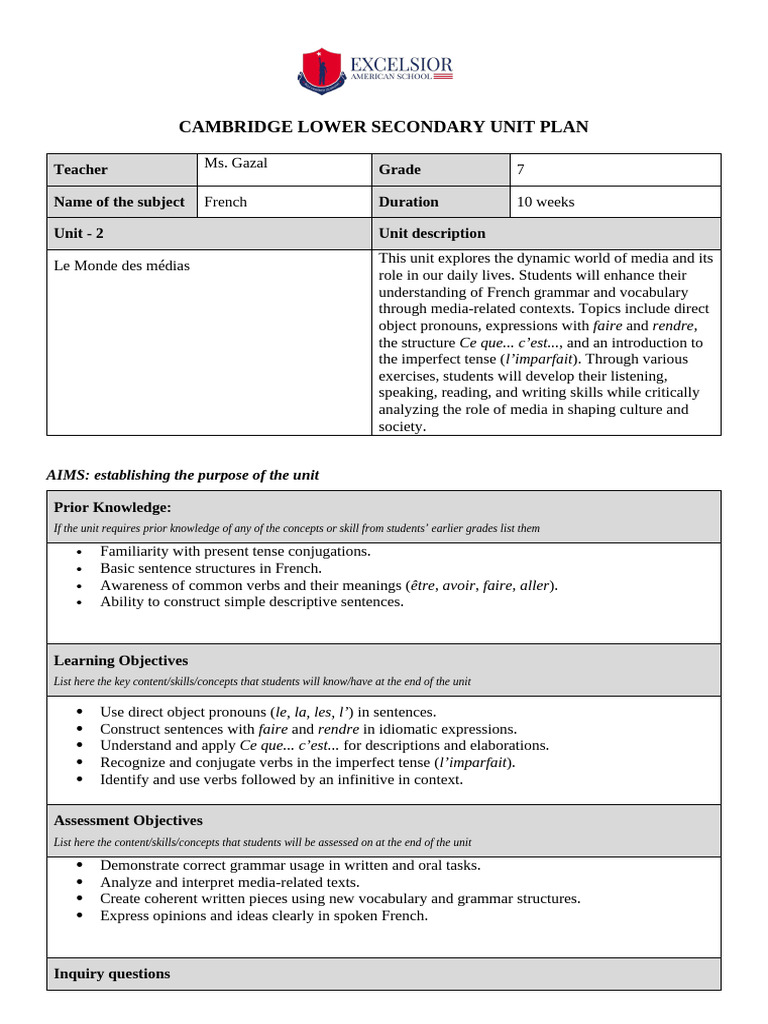 CLS Unit Plan Grade 7 Unit 2 | PDF | Cognition | Human Communication