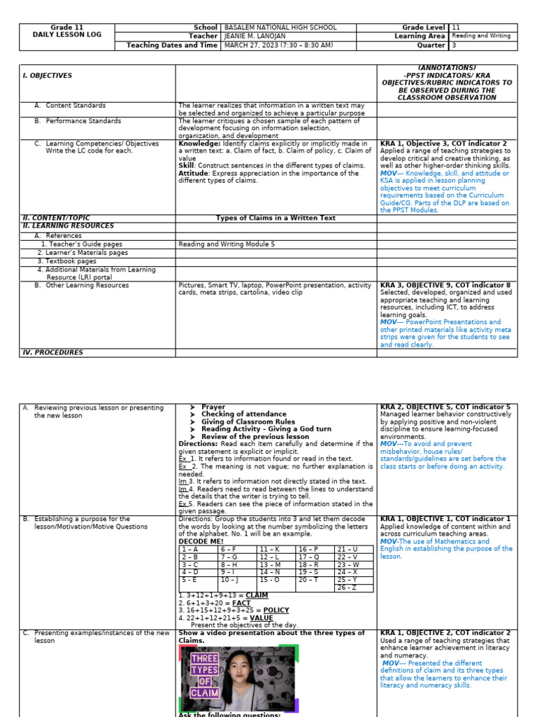 CO1 - DLP-JEANIE-Reading and Writing 2023 Annotation | PDF | Learning | Curriculum