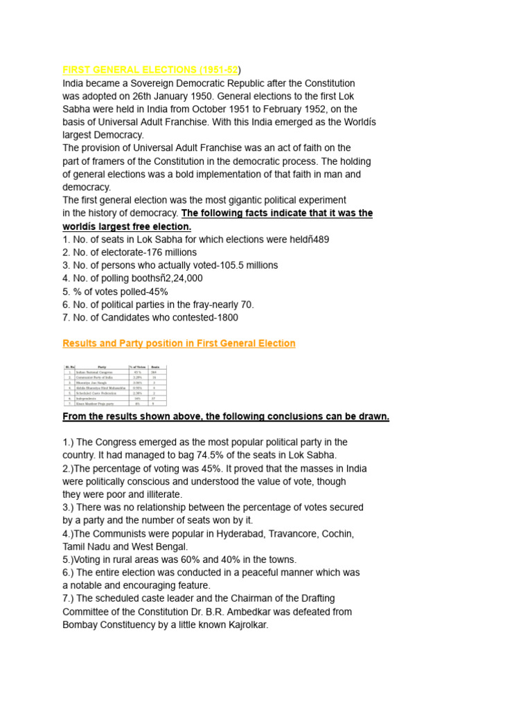 India’s First General Elections (1951-52) | PDF | Voting | Political ...