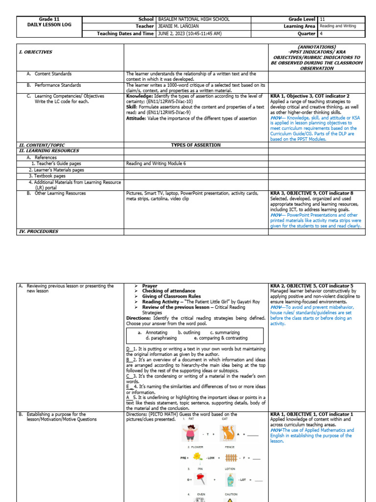 CO2 - DLL-JEANIE-Reading and Writing - Assertion | PDF | Learning | Curriculum