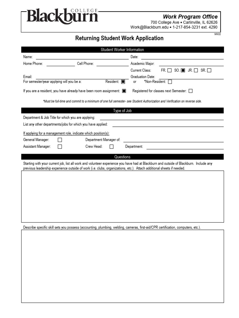 Blackburn College Work Program Returning Student Job Application ...