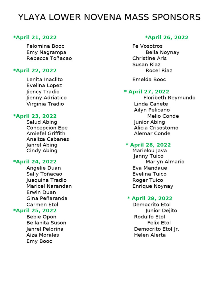 Ylaya Lower Novena Mass Sponsors | PDF