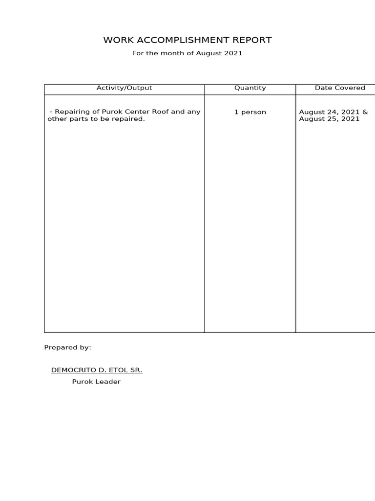 August 2021 Work Accomplishment Report | PDF