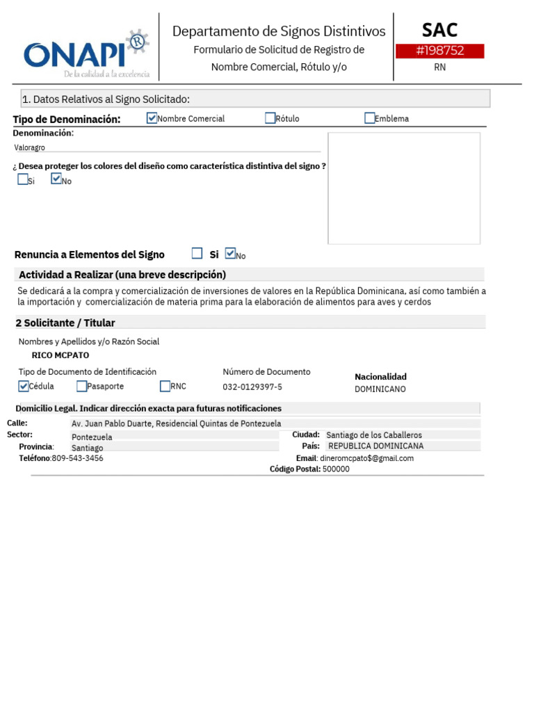 Formulario Nombre Comercial ONAPI. | PDF | República Dominicana