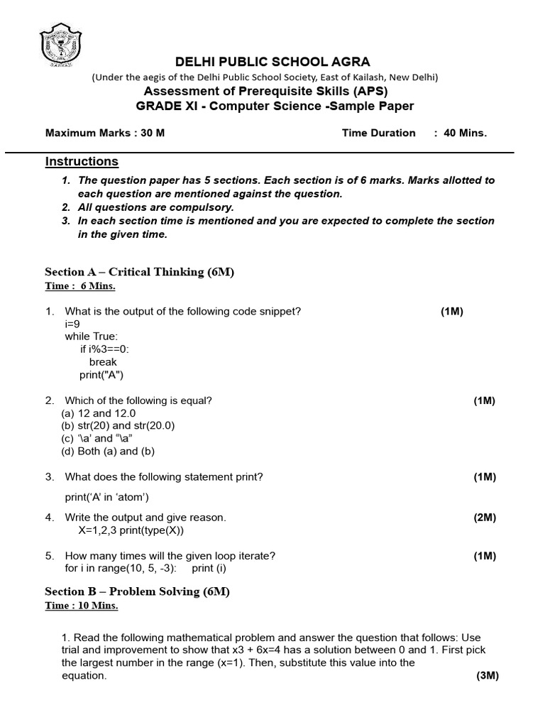 Xi-Cs-Aps-Sample Paper-2024-25 | PDF | Software Engineering | Applied ...