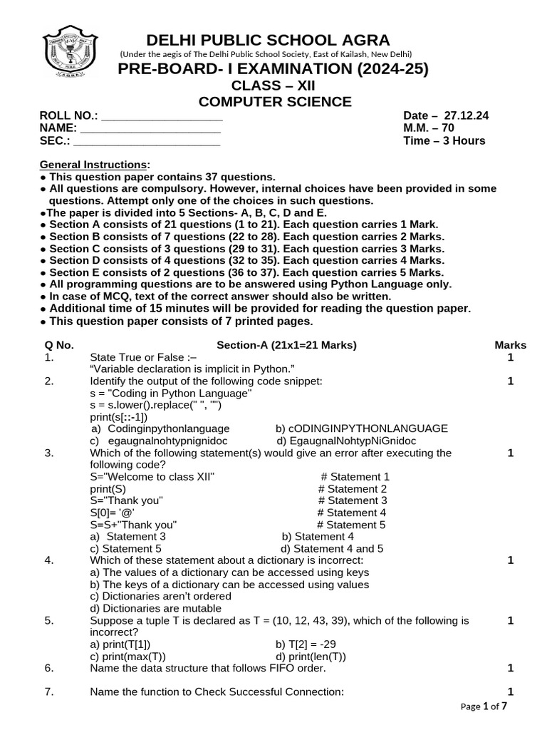 GRADE XII - COMPUTER SCIENCE (SET B) (PREBOARD-I) QUESTION PAPER (2024-25) | PDF | Table ...