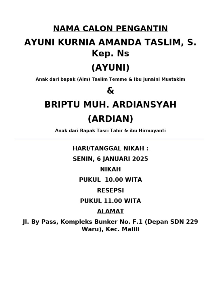 Nama-Nama Calon Pengantin Dan Turut Mengundang Ayuni Dan Ardian | PDF