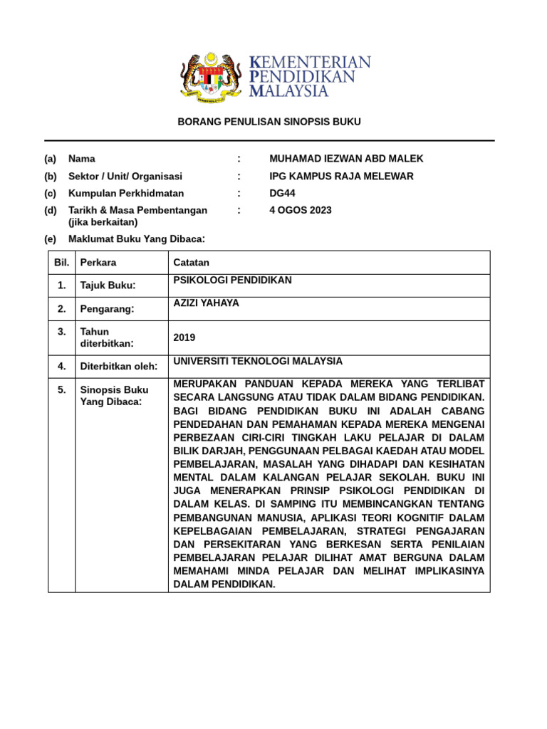 Format Pelaporan Pembacaan Buku | PDF
