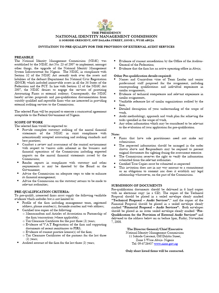 NIMC External Audit Services Invitation | PDF | Audit | Business