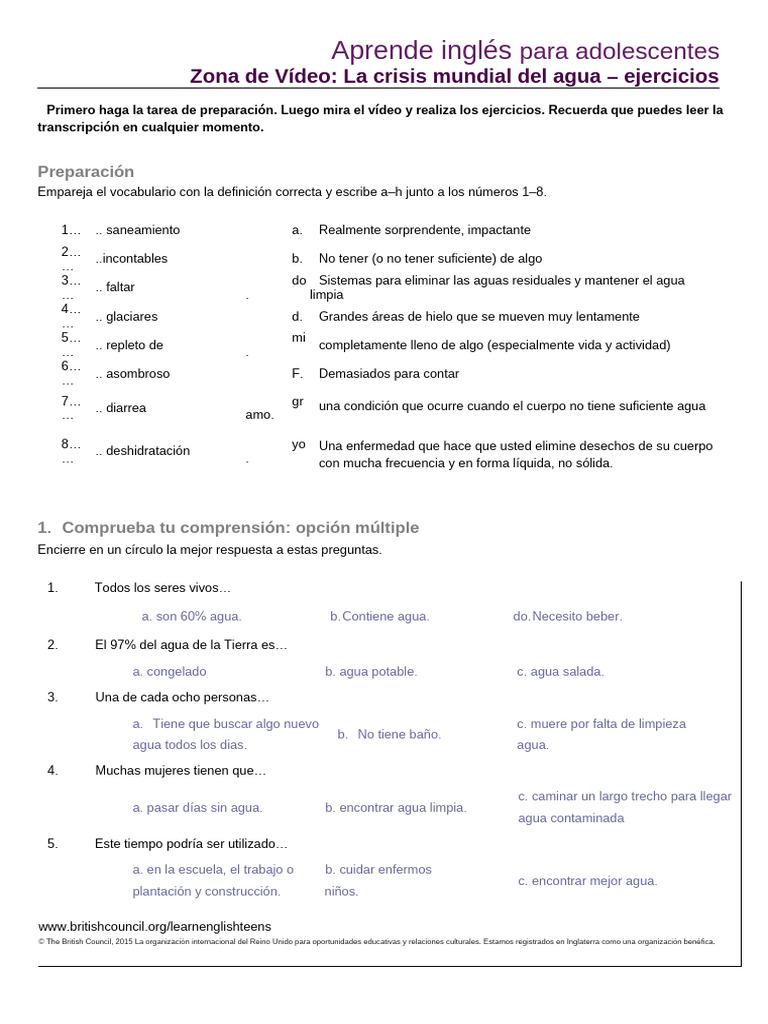 Ejercicios de inglés: crisis del agua | PDF | Agua | Saneamiento