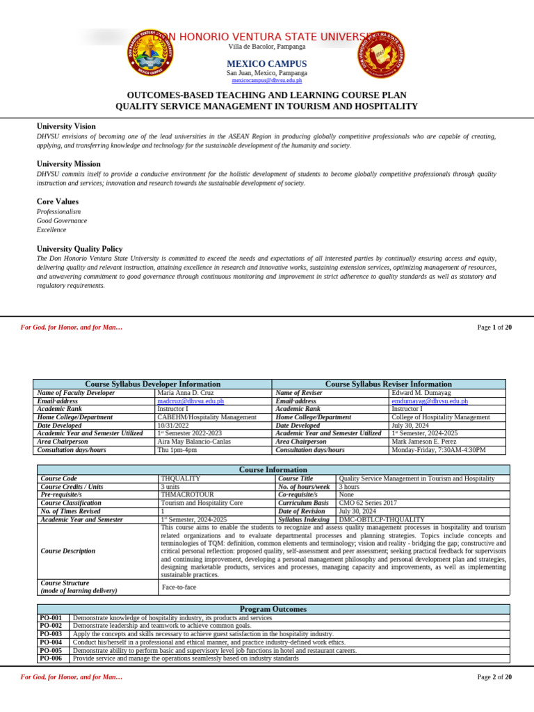 Quality Service Management Course Plan | PDF | Educational Technology ...