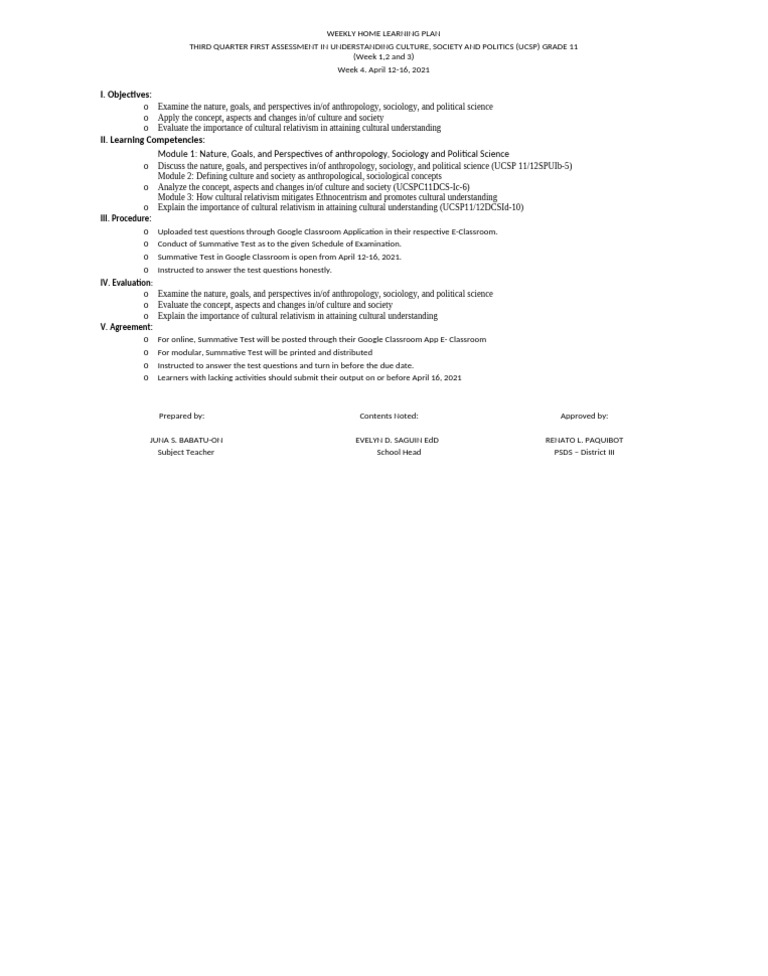 WHLP Third Quarter First Assessment-Ucsp | PDF | Educational Assessment | Learning