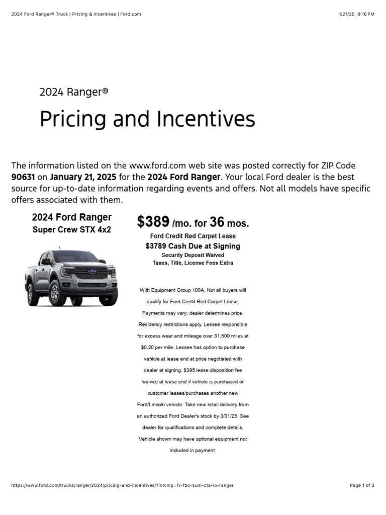 2024 Ford Ranger® Truck - Pricing & Incentives | PDF | Lease | Ford ...