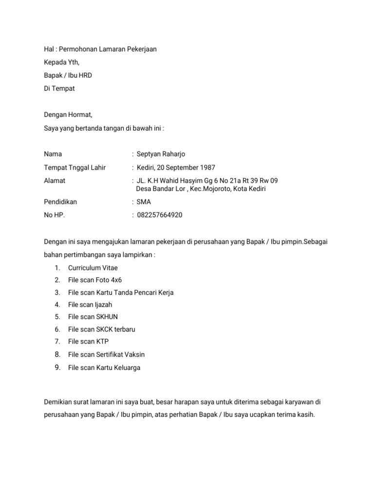 Lamaran Pekerjaan Septyan Raharjo | PDF