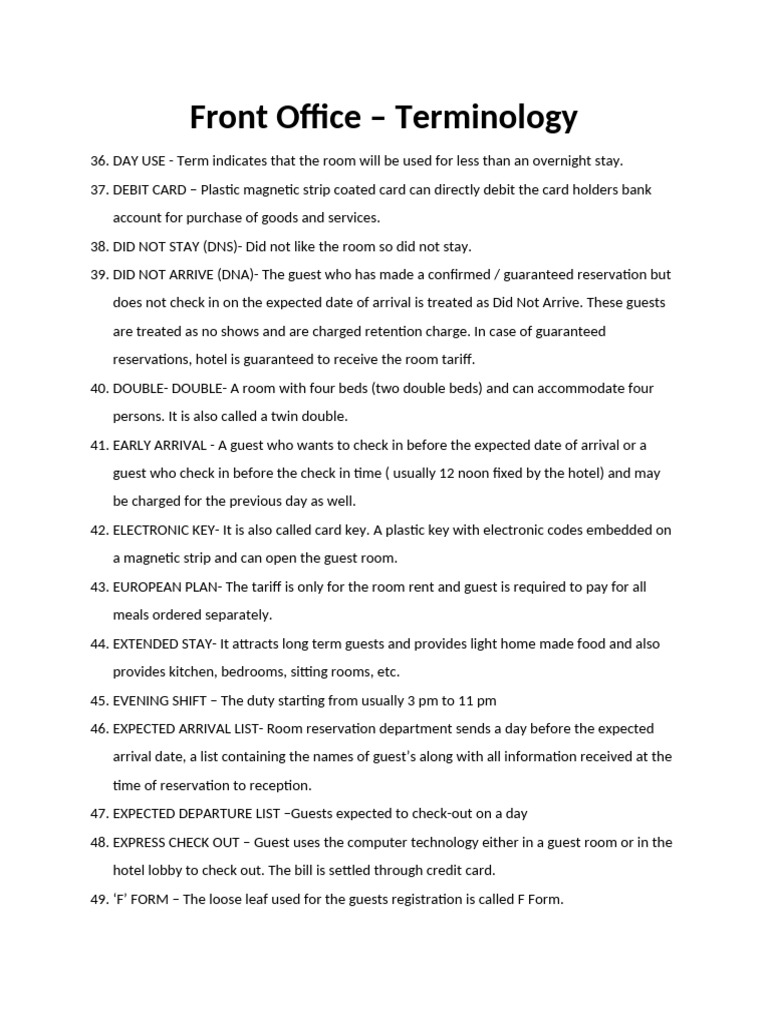 Front Office Terminology Guide | PDF | Hotel