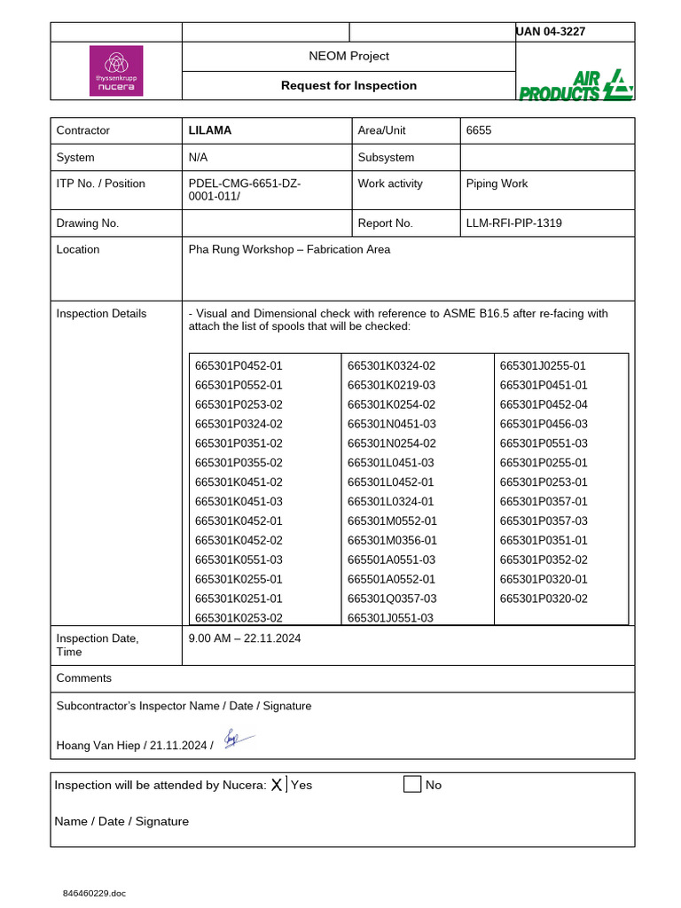 NEOM Project Piping Inspection Request | PDF | Plumbing