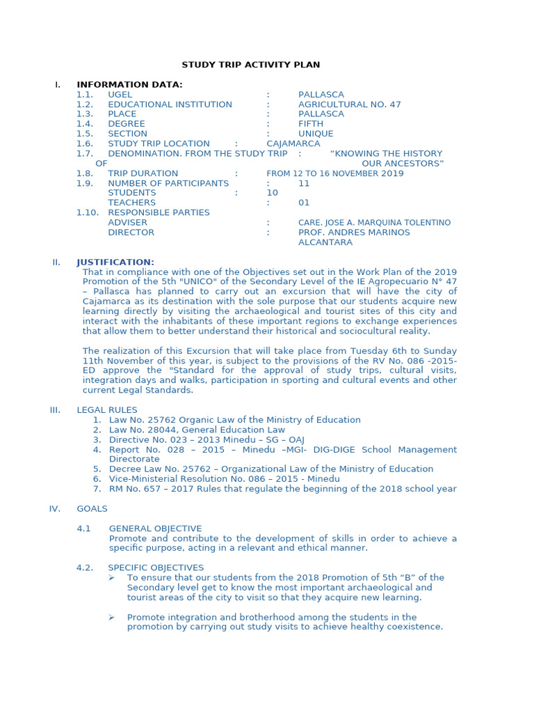 STUDY TRIP ACTIVITY PLAN | PDF | Psychological Resilience