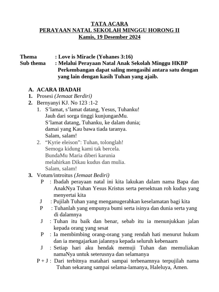 Tertib Acara Natal Sekolah Minggu Horong 2 2024 | PDF
