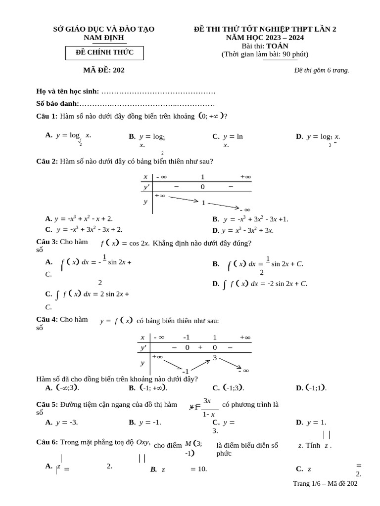 De Thi Thu Tot Nghiep Thpt 2024 Mon Toan Lan 2 So Gddt Nam Dinh | PDF