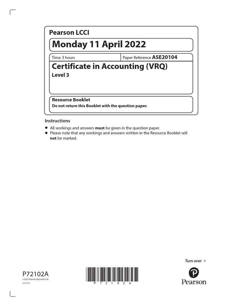p72102 Lcci Level 3 Certificate in Accounting Ase20104 Resource Booklet ...