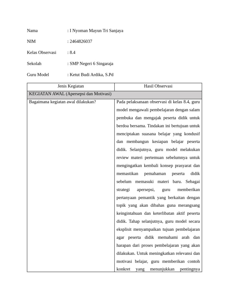 Observasi Proses Pembelajaran Guru Model_I Nyoman Mayun Tri Sanjaya | PDF