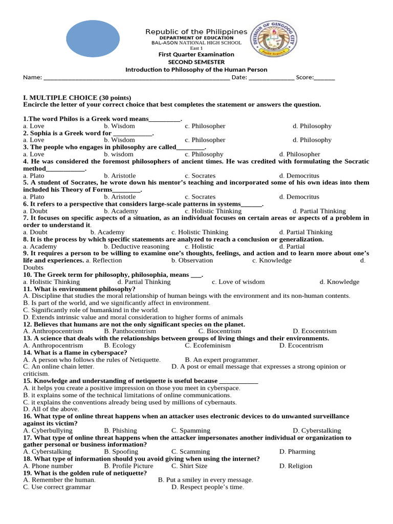First Quarter Exam: Philosophy Basics | PDF | Socrates | Plato