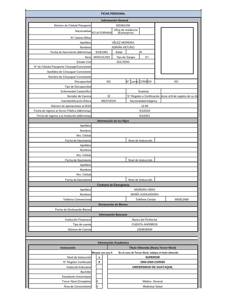 Ficha Personal de Adrián Vélez | PDF