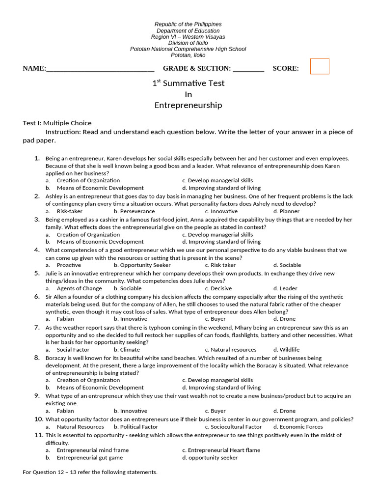 Summative Test Entrepreneurship 1 | PDF | Entrepreneurship | Business