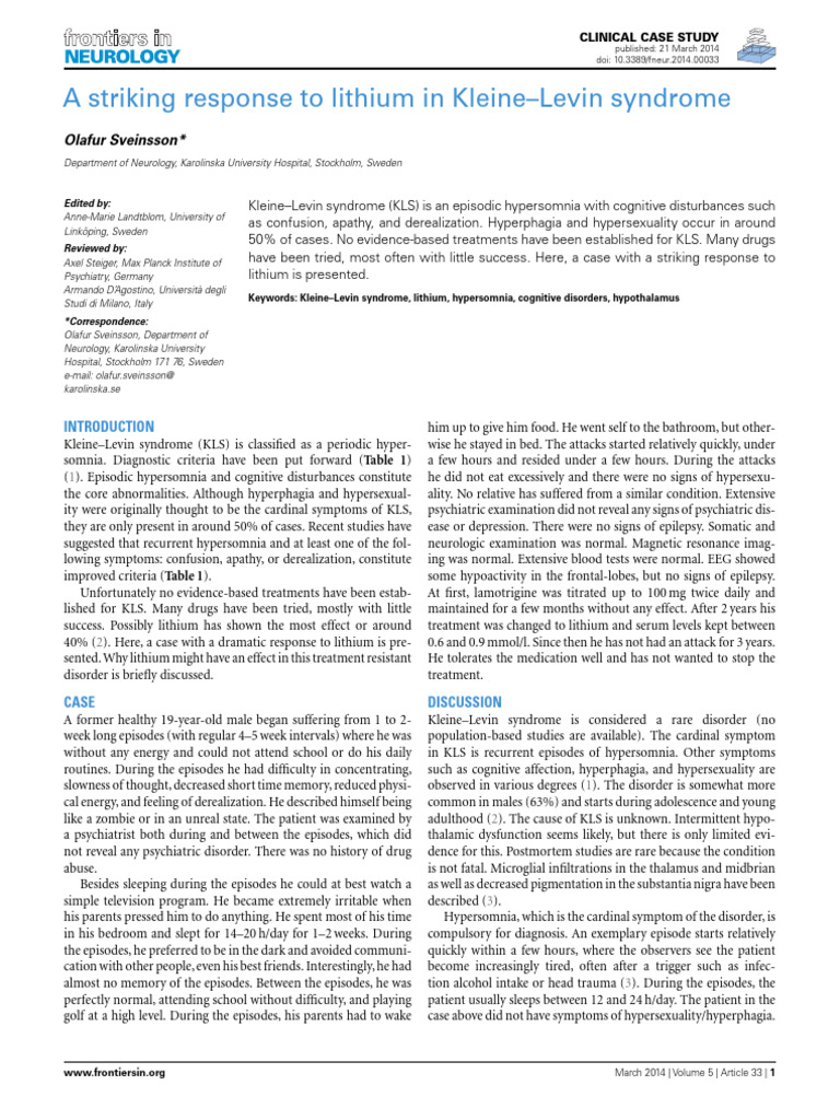 A Striking Response To Lithium in Kleine-Levin Syndrome: Olafur ...