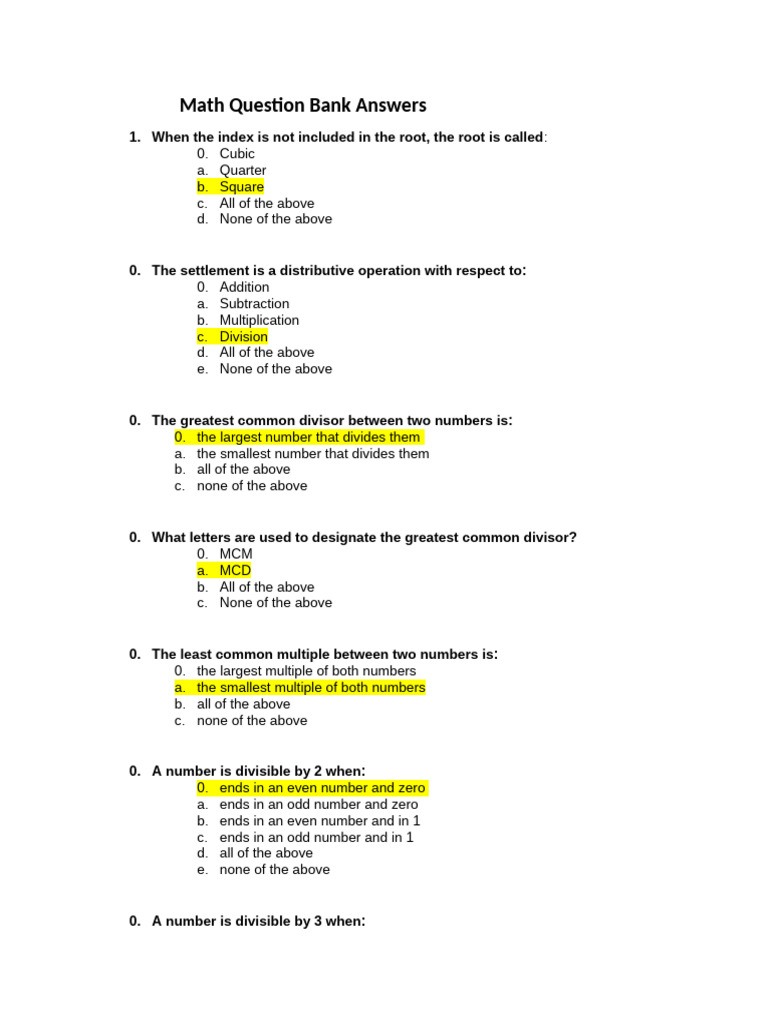 Math question bank | PDF | Numbers | Mathematical Concepts