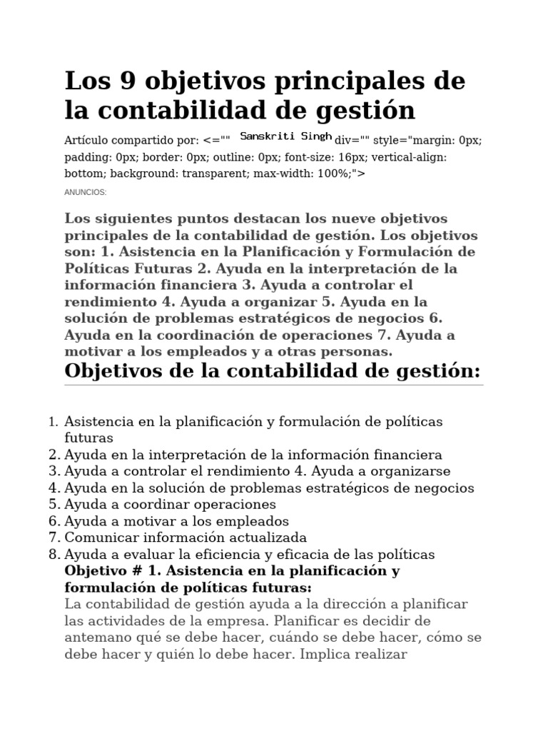 Objetivos de la Contabilidad de Gestión | PDF | Contabilidad | Presupuesto