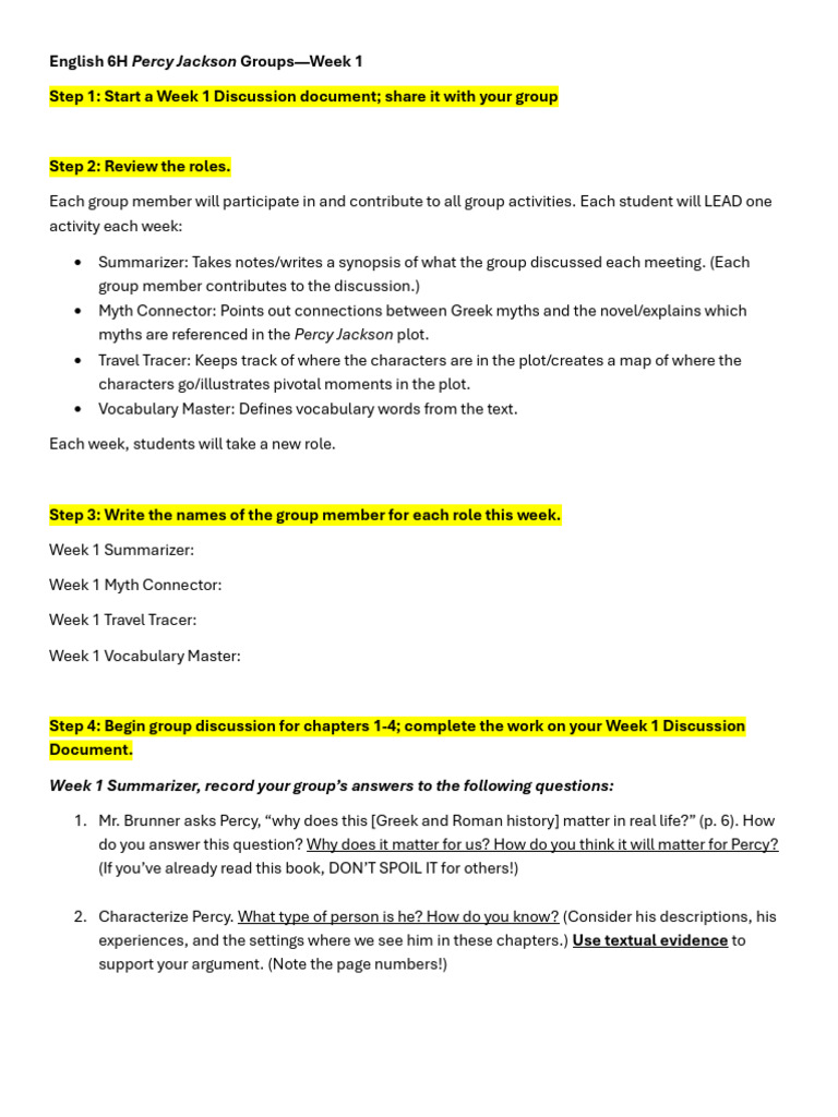 Percy Jackson Groups Week 1 Discussion Document | PDF | Metaphor