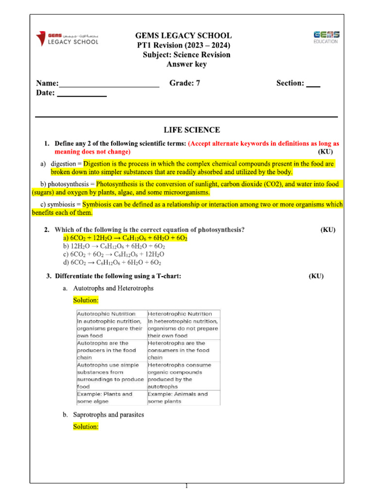 PT1 Revision Answer Key | PDF