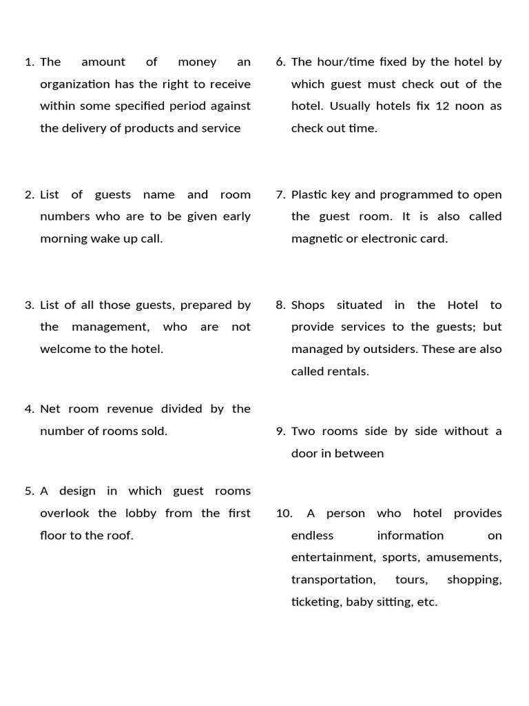 Front Office Terminologies Moving Exam | PDF | Hotel | Credit Card