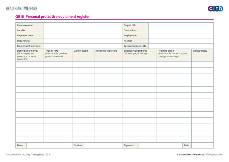 Construction Site PPE Register Template | PDF