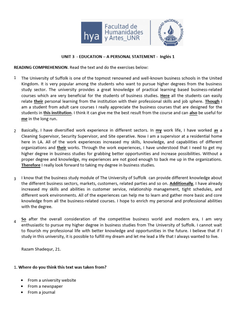 Unit 3 - Education - A Personal Statement Reading Comprehension ...