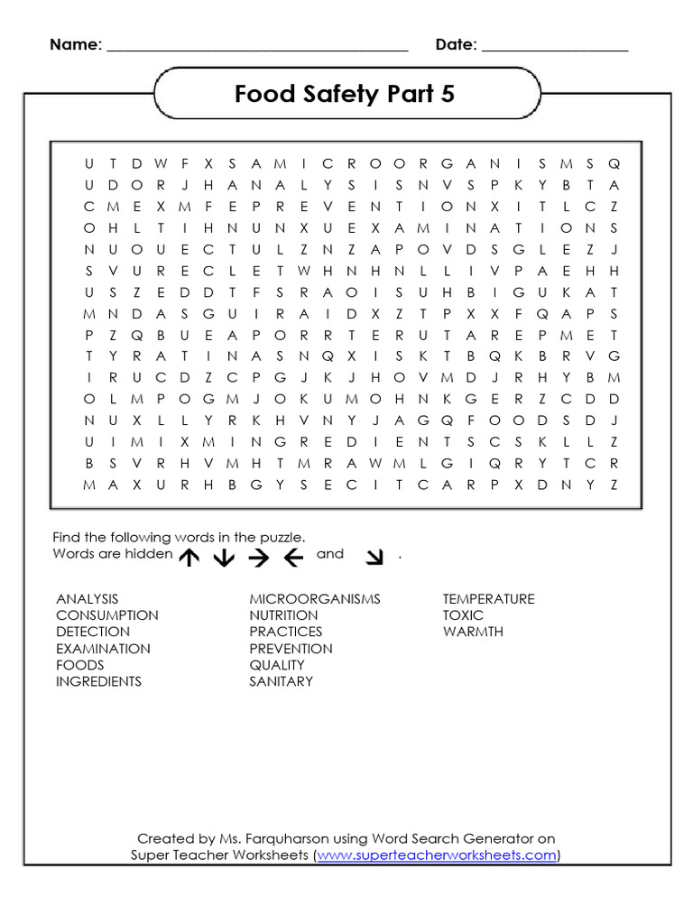 Word Search Puzzle Worksheets - Food - Safety - Part - 5-1 | PDF