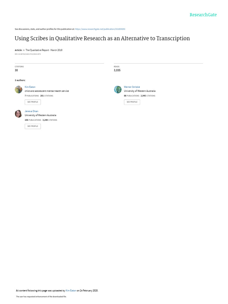 Eaton Stritzke Ohan 2019 Scribesin Qualitative Research | PDF | Qualitative Research | Methodology