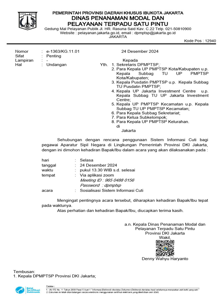 Surat Undangan Sosialisasi Sistem Informasi Cuti - Sign | PDF