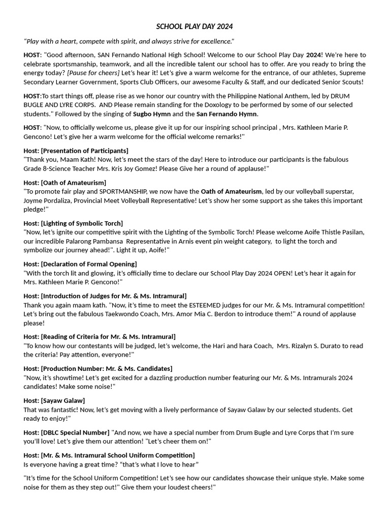 School Play Day 2024 Script | PDF