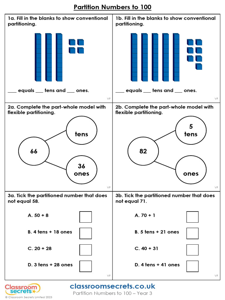 Year 3 Partitioning to 100 Worksheet | PDF