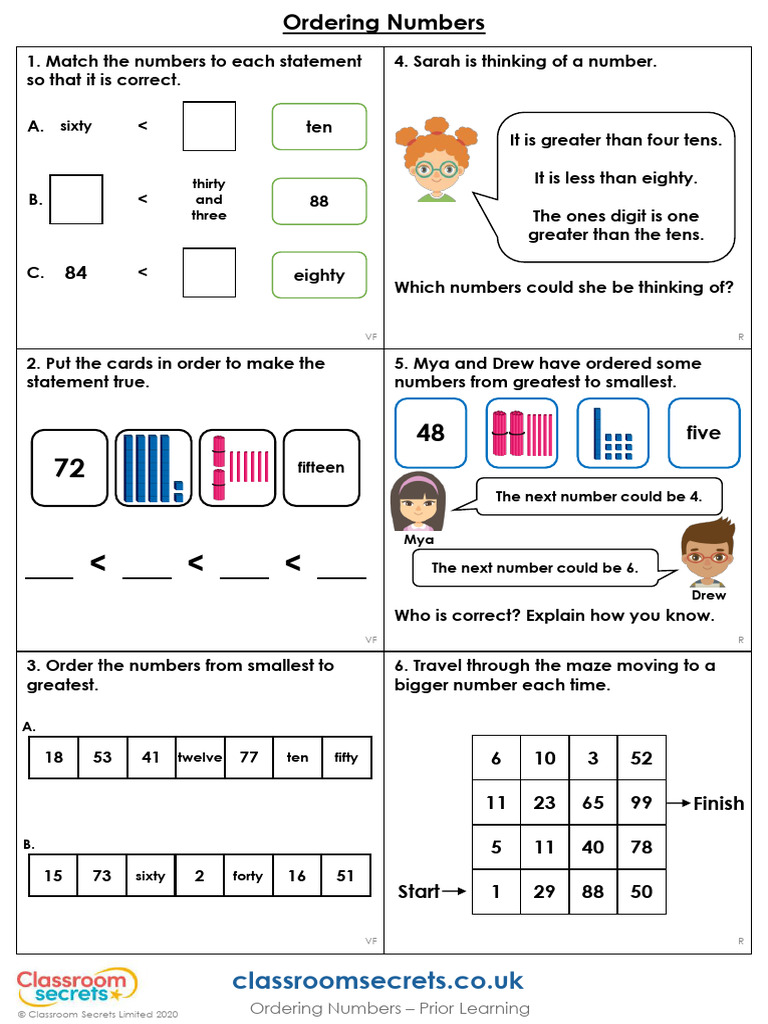 Year 3 Ordering Numbers Maths Recovery Prior Learning Activity | PDF