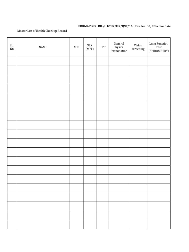 Master List of Health Checkup Record | PDF