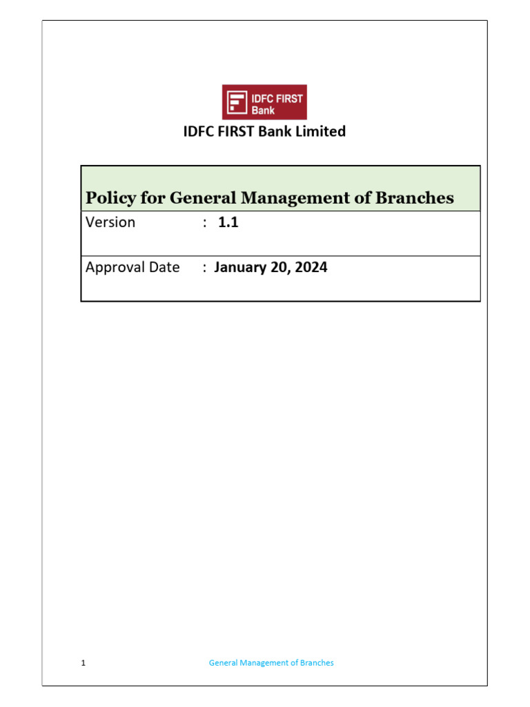 Policy On General Management of Branches 21 1 23 | PDF | Banks ...