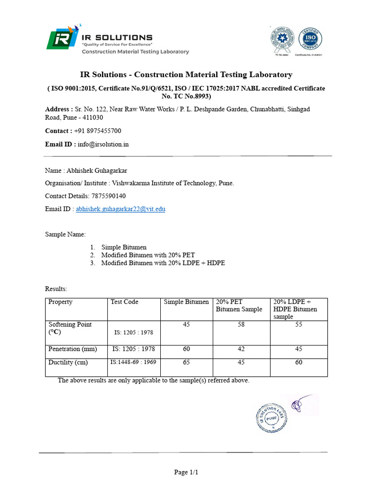Bitumen Sample report_IR Solutions | PDF
